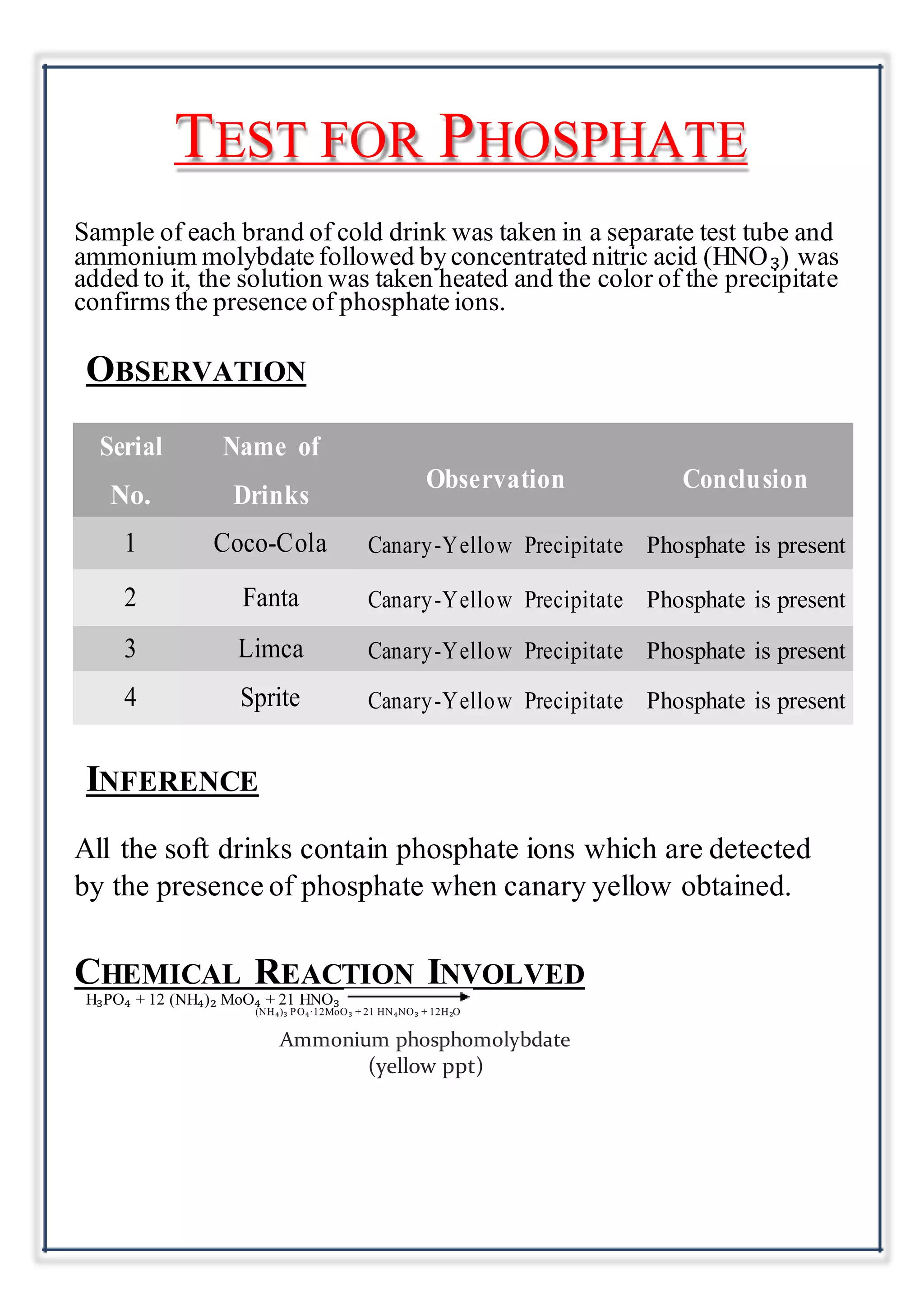 Chemistry project file on cold drink test | DOC