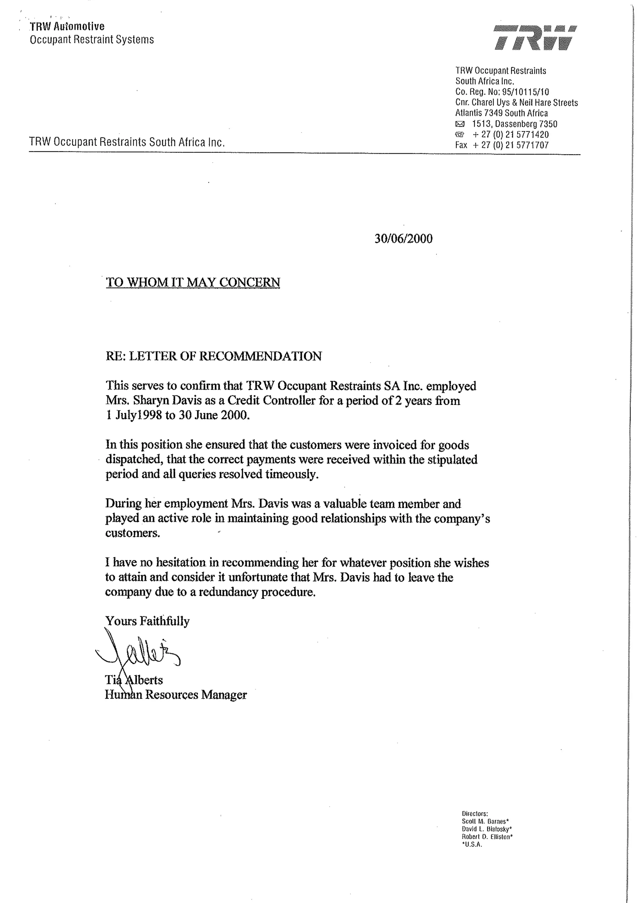 Letter from TRW | PDF