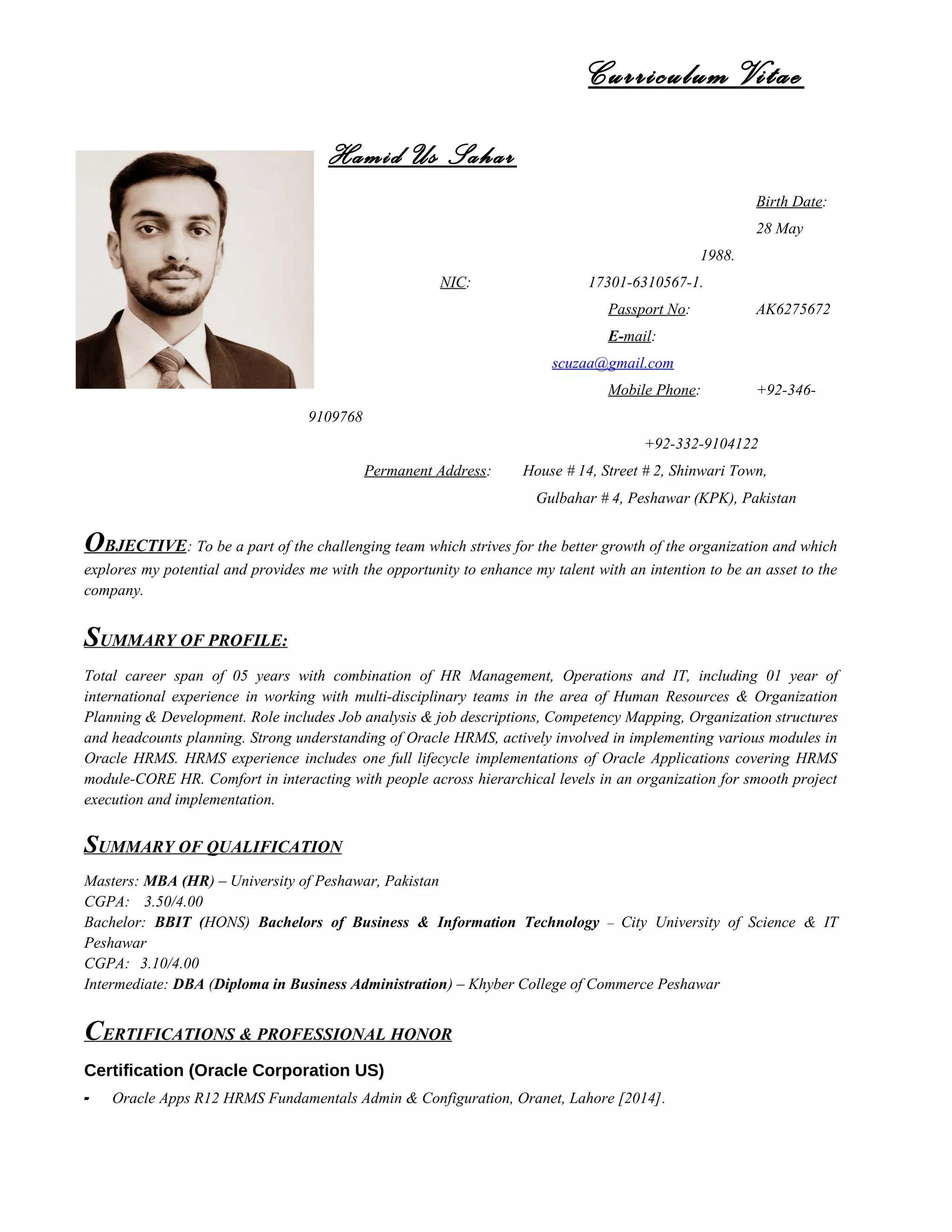 Hamid Us Sahar CV | PDF