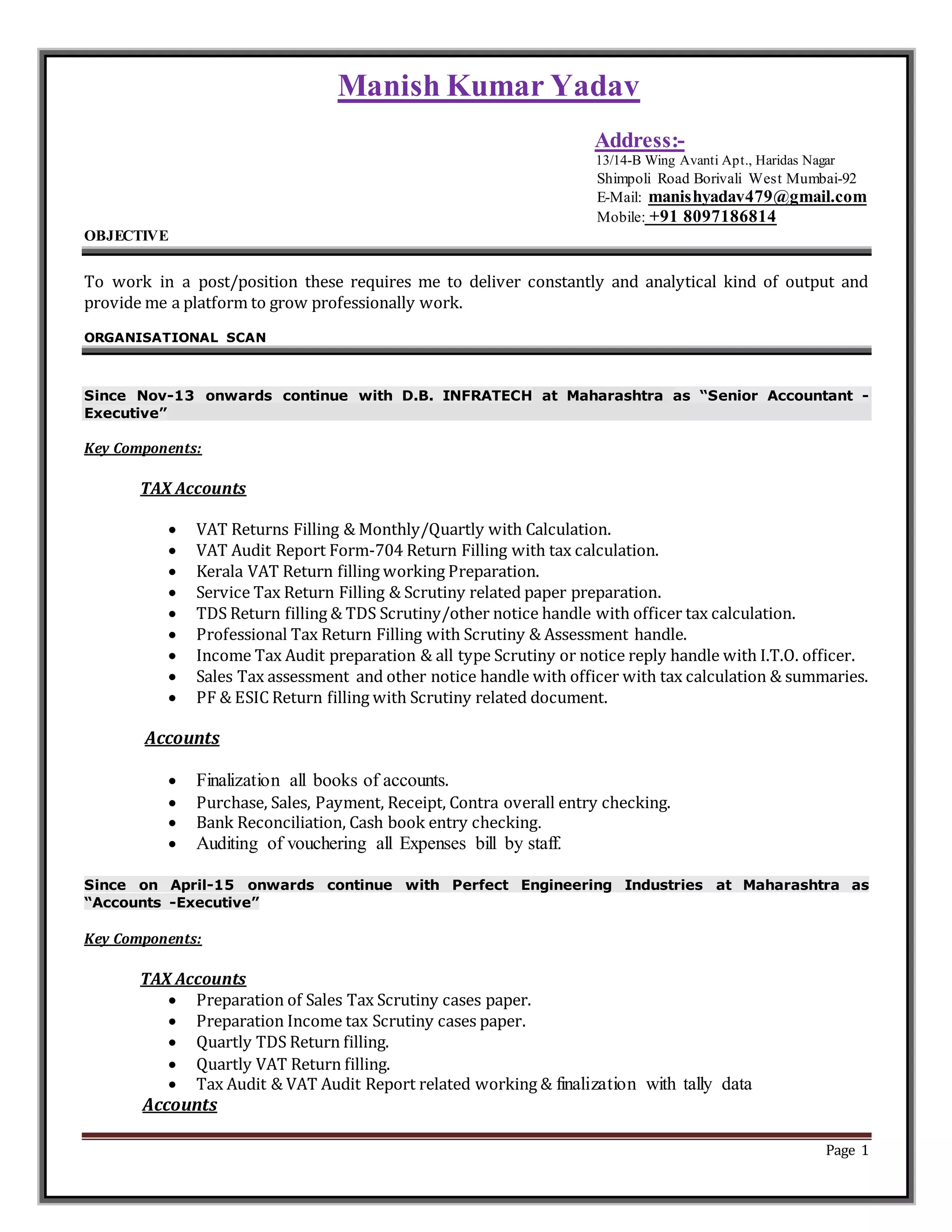 Manish_Resume_2016-17 | DOCX | Business Accounting & Finance | Business
