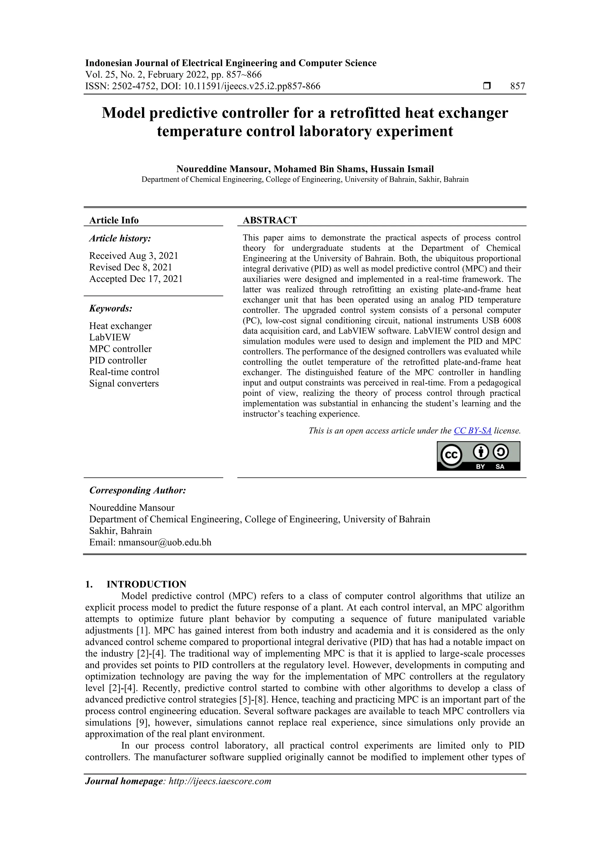 Model predictive controller for a retrofitted heat exchanger temperature control laboratory ...