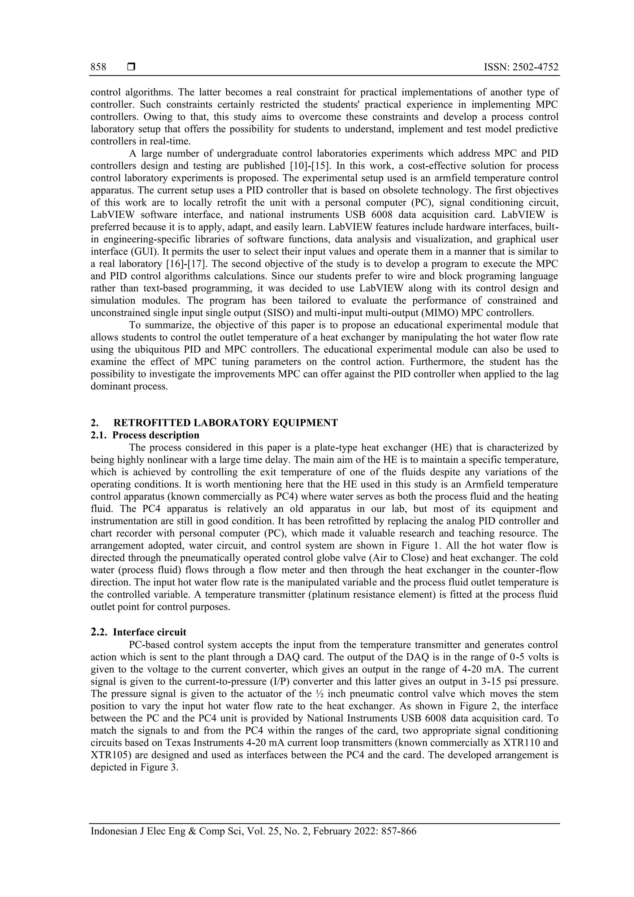 Model predictive controller for a retrofitted heat exchanger temperature control laboratory ...