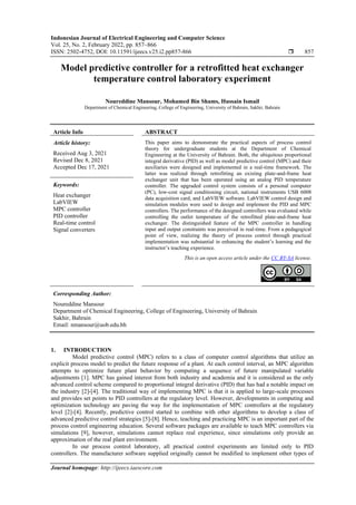 Model predictive controller for a retrofitted heat exchanger temperature control laboratory ...