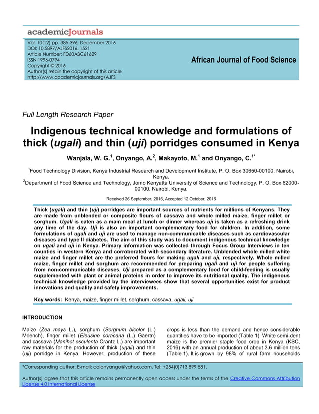 Indigenous technical knowledge and formulations of ugali and uji in ...