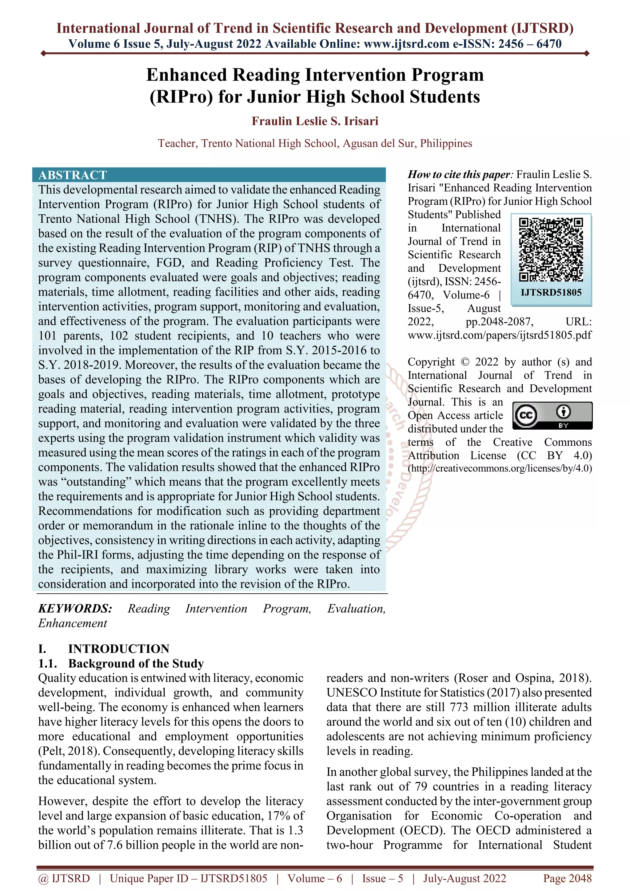 Enhanced Reading Intervention Program RIPro for Junior High School Students | PDF