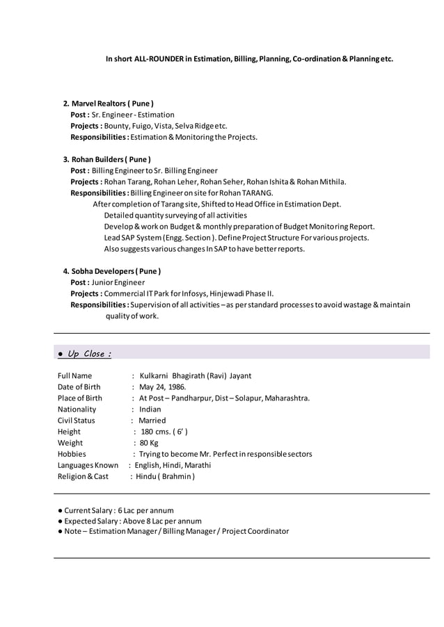 Estimation Manager, Billing Manager, Project Coordinator | DOCX | Civil ...