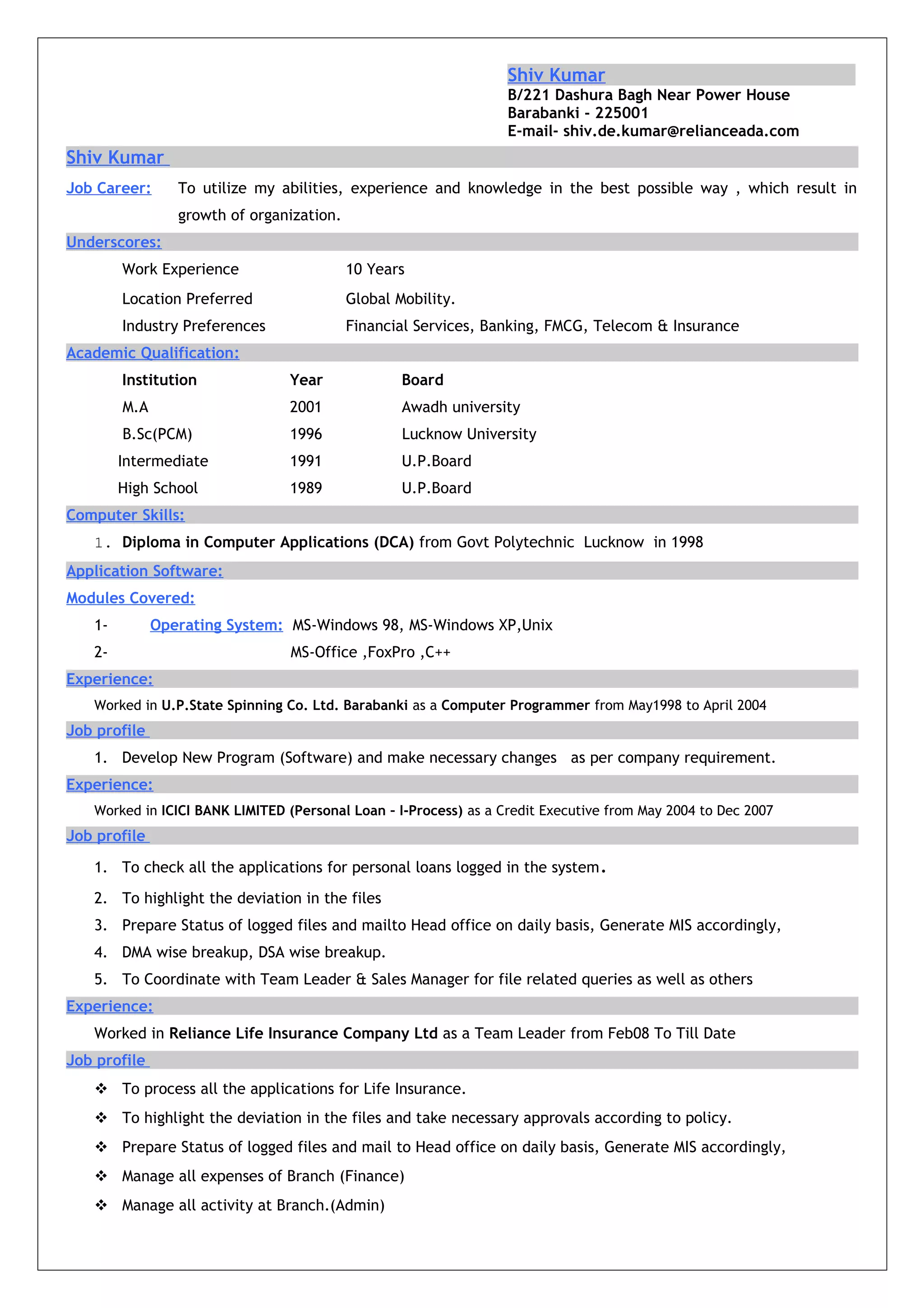 Shiv Kumar Resume | DOC