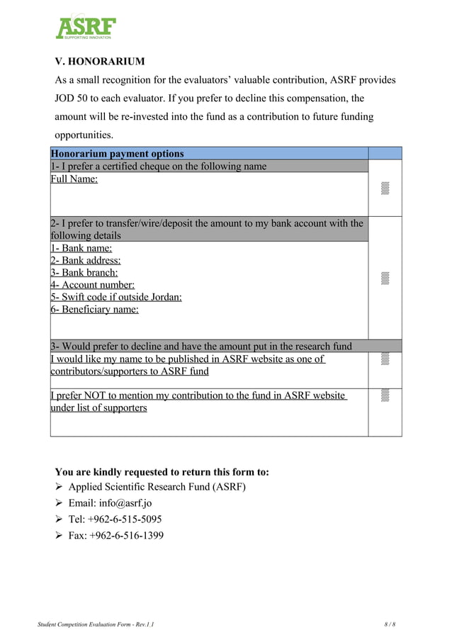 ASRF students evaluation form | DOC | Business | Business and Finance