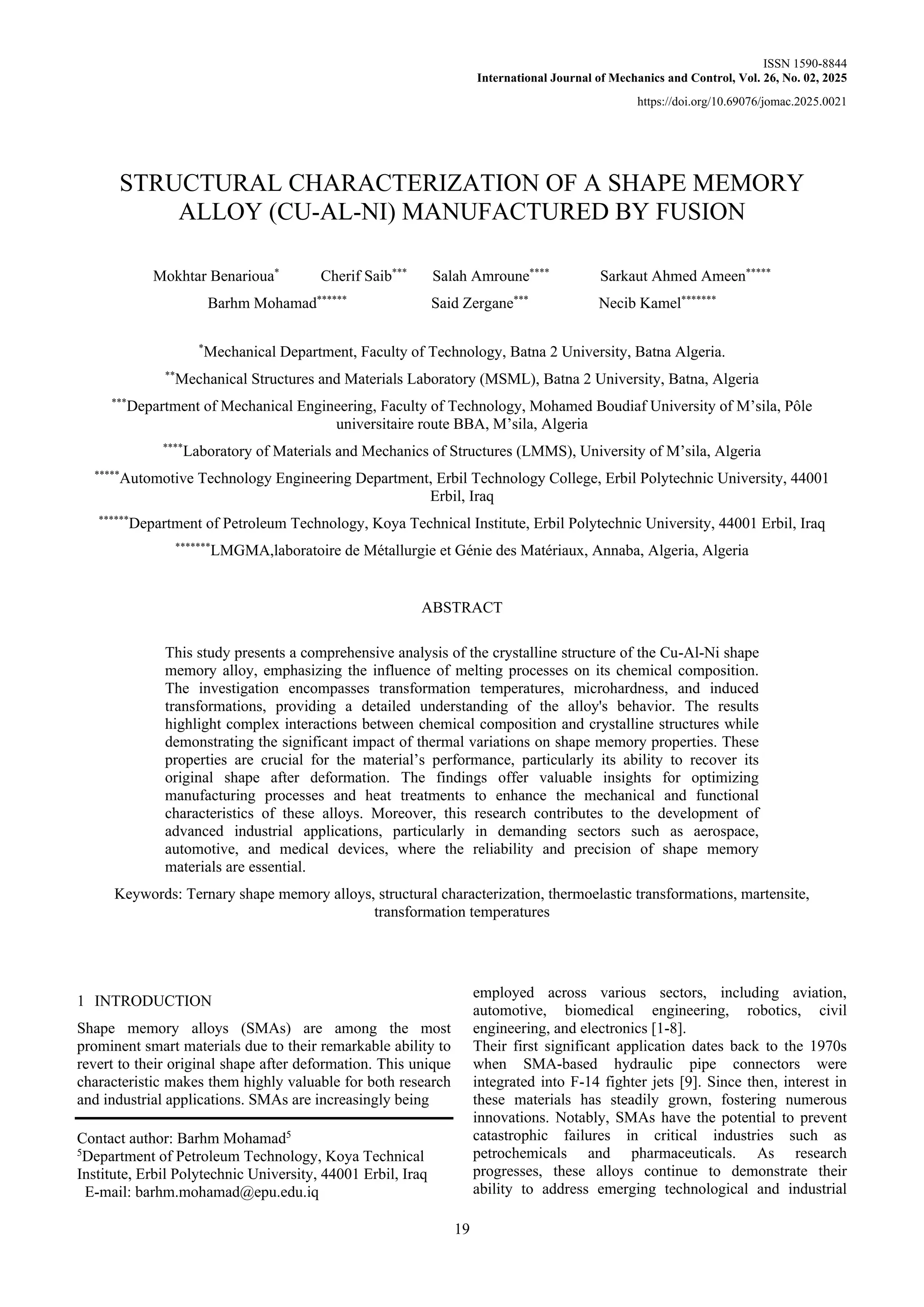 STRUCTURAL CHARACTERIZATION OF A SHAPE MEMORY ALLOY (CU-AL-NI ...