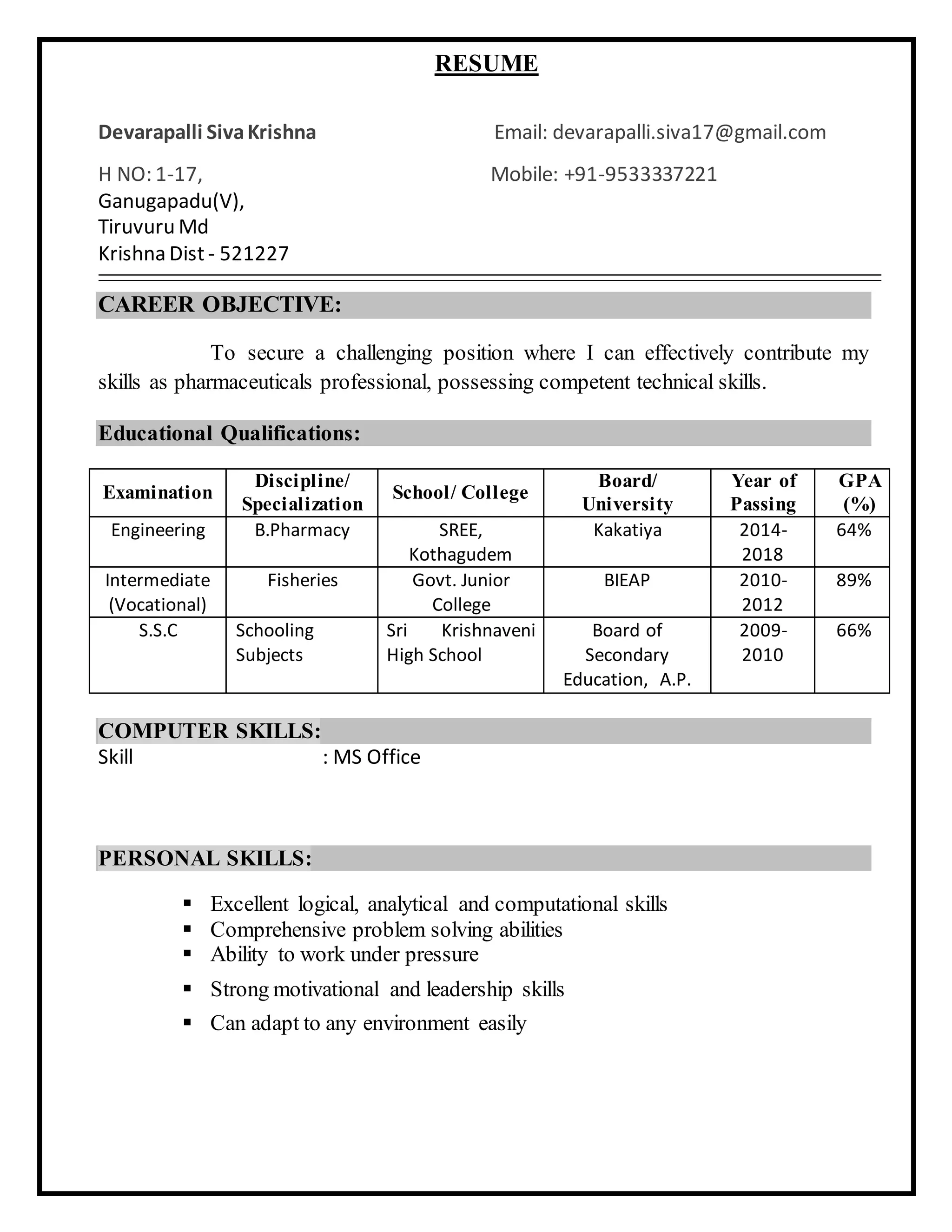 siva resume | DOCX | Pharmaceutical Industry | Industries