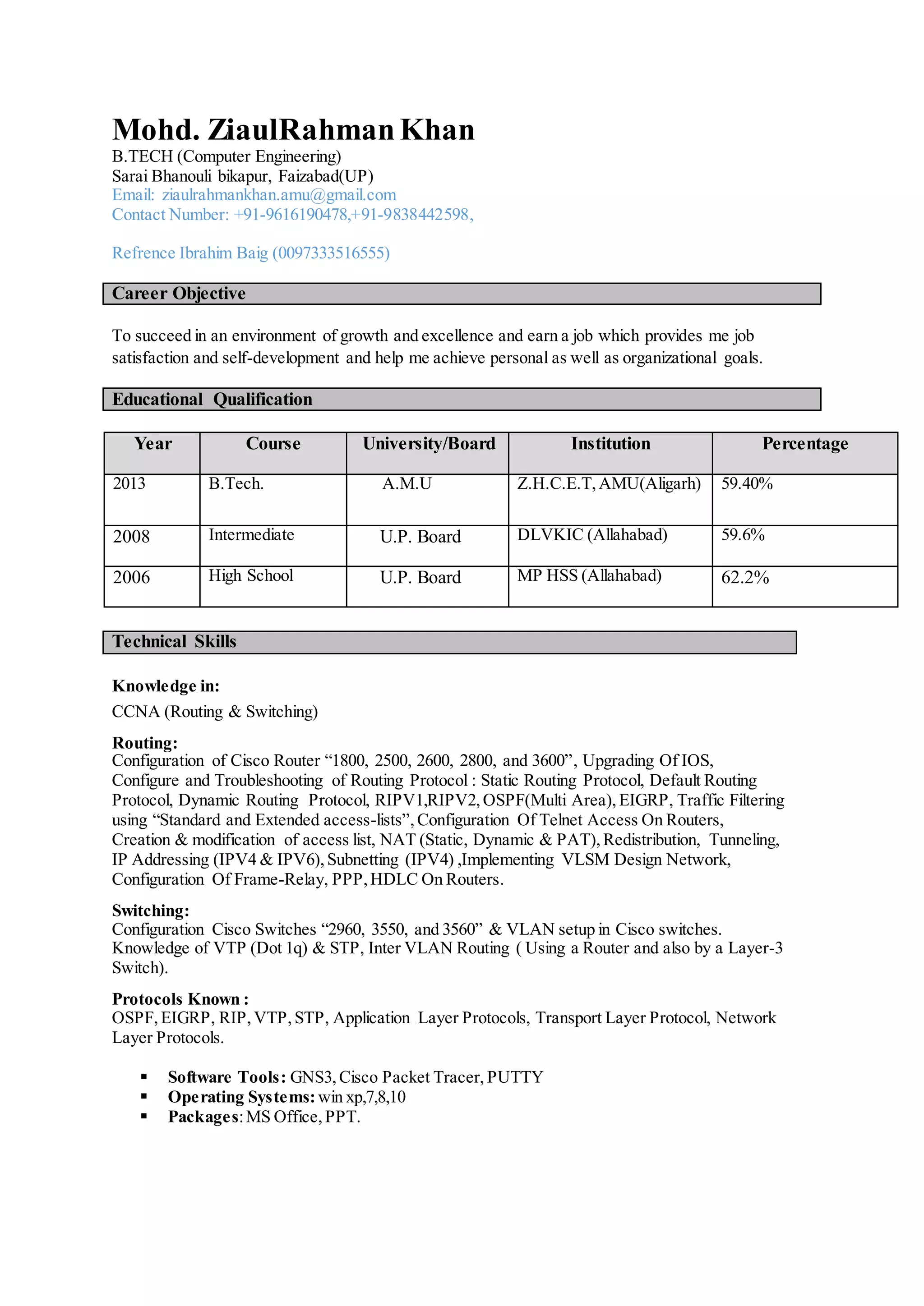 Resume of Ziaul Rehman khan | DOCX | Computer Networking | Computing