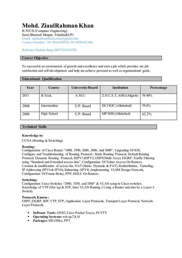 Resume of Ziaul Rehman khan | DOCX | Computer Networking | Computing