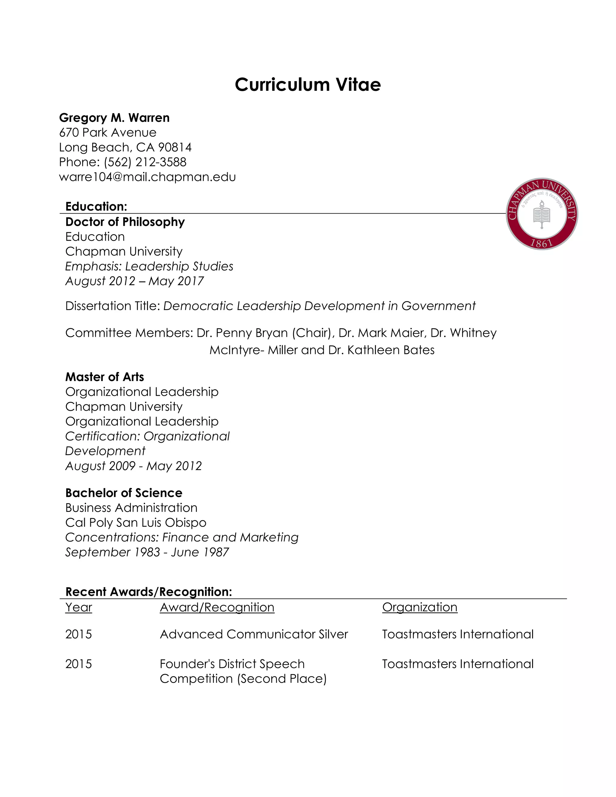 Gregory Malcolm Warren Curriculum Vita and Bio 2016 v. 2.0 | PDF | Professional School ...