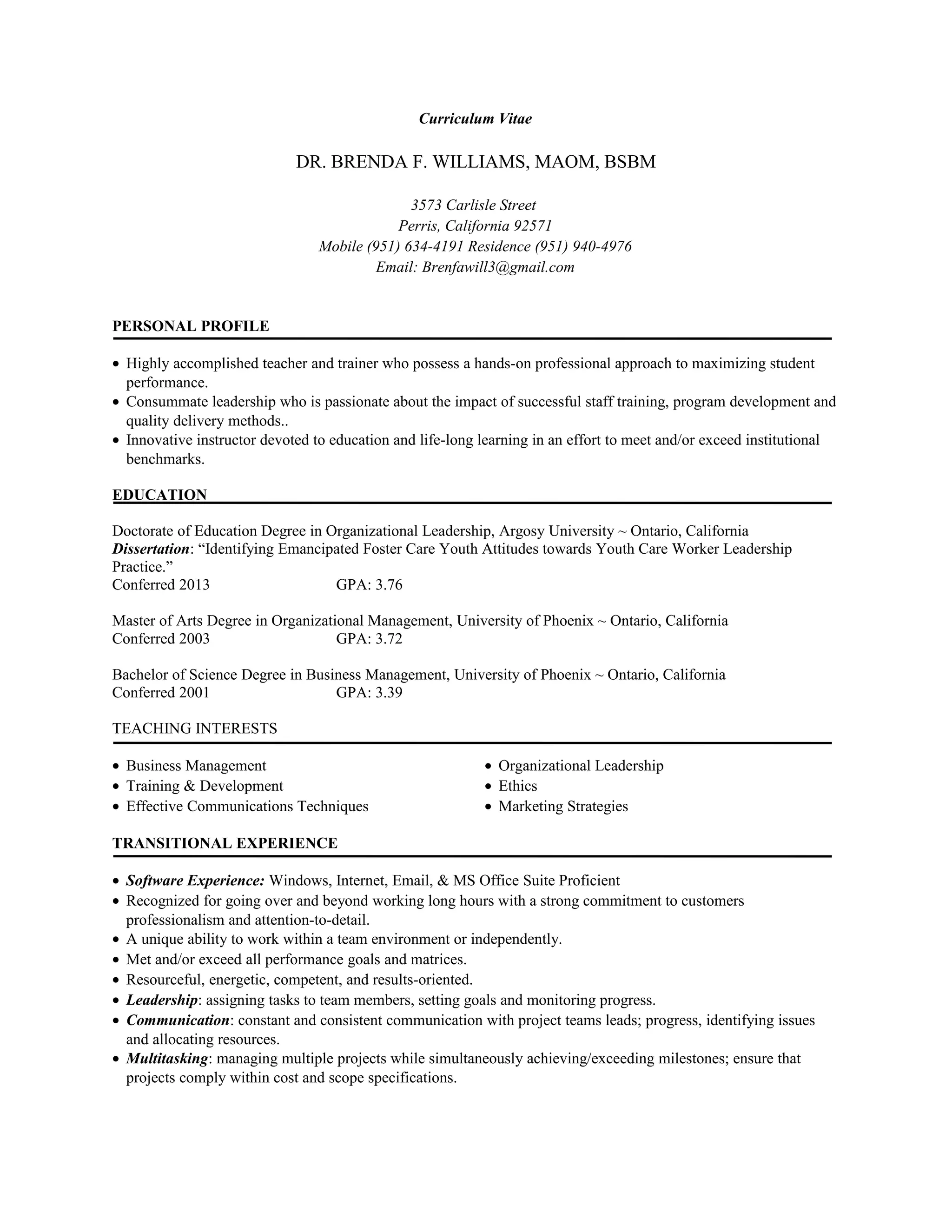 Brenda Williams_Curriculum Vitae | PDF