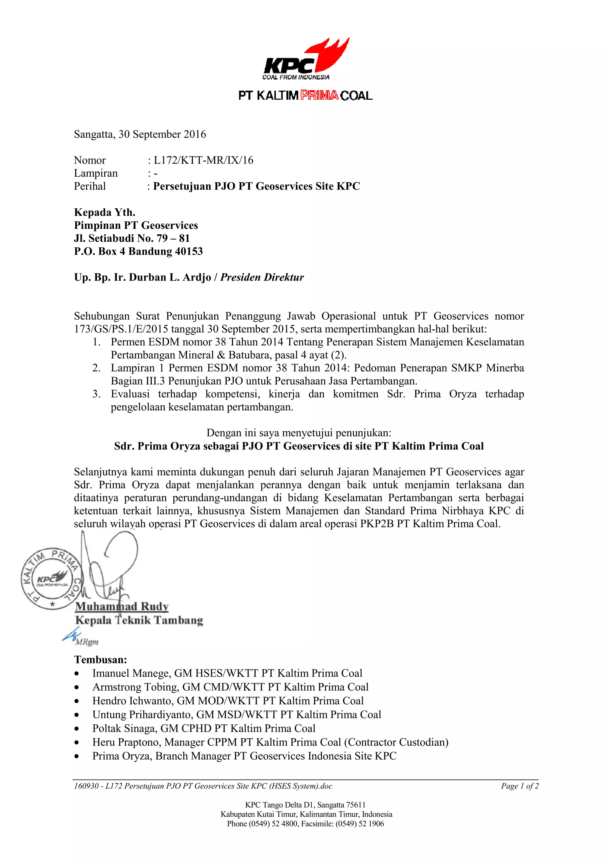 160930 - L172 Persetujuan PJO PT Geoservices Site KPC (HSES System) | PDF