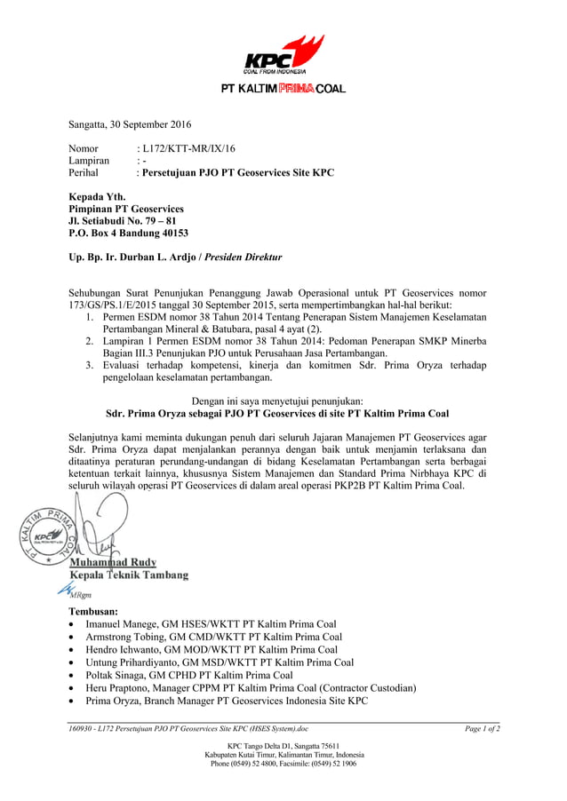 160930 - L172 Persetujuan PJO PT Geoservices Site KPC (HSES System) | PDF | Asia Travel | Travel ...