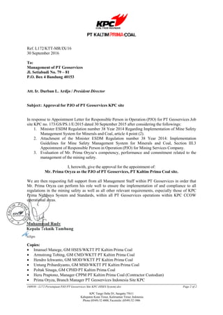 160930 - L172 Persetujuan PJO PT Geoservices Site KPC (HSES System) | PDF