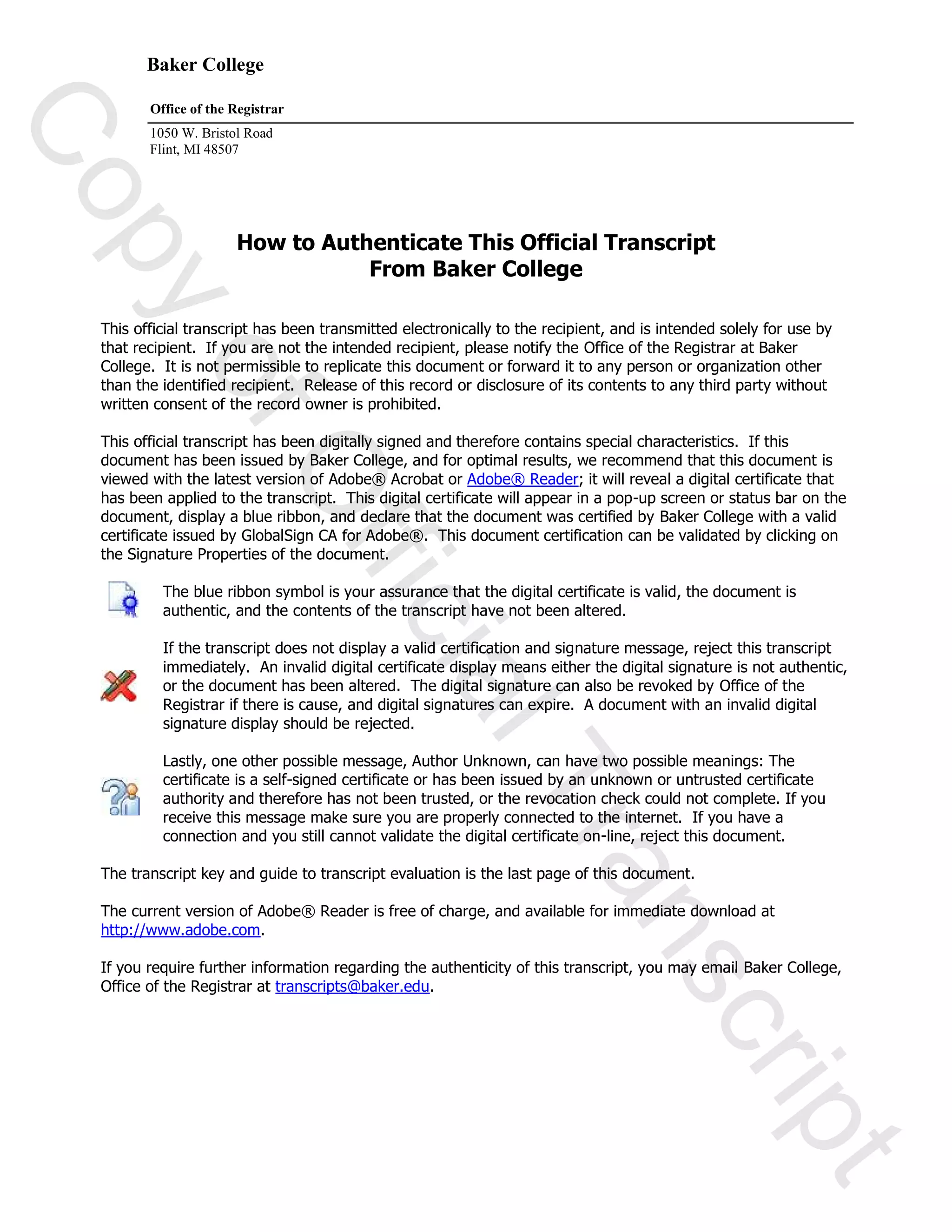 Baker College Transcript | PDF