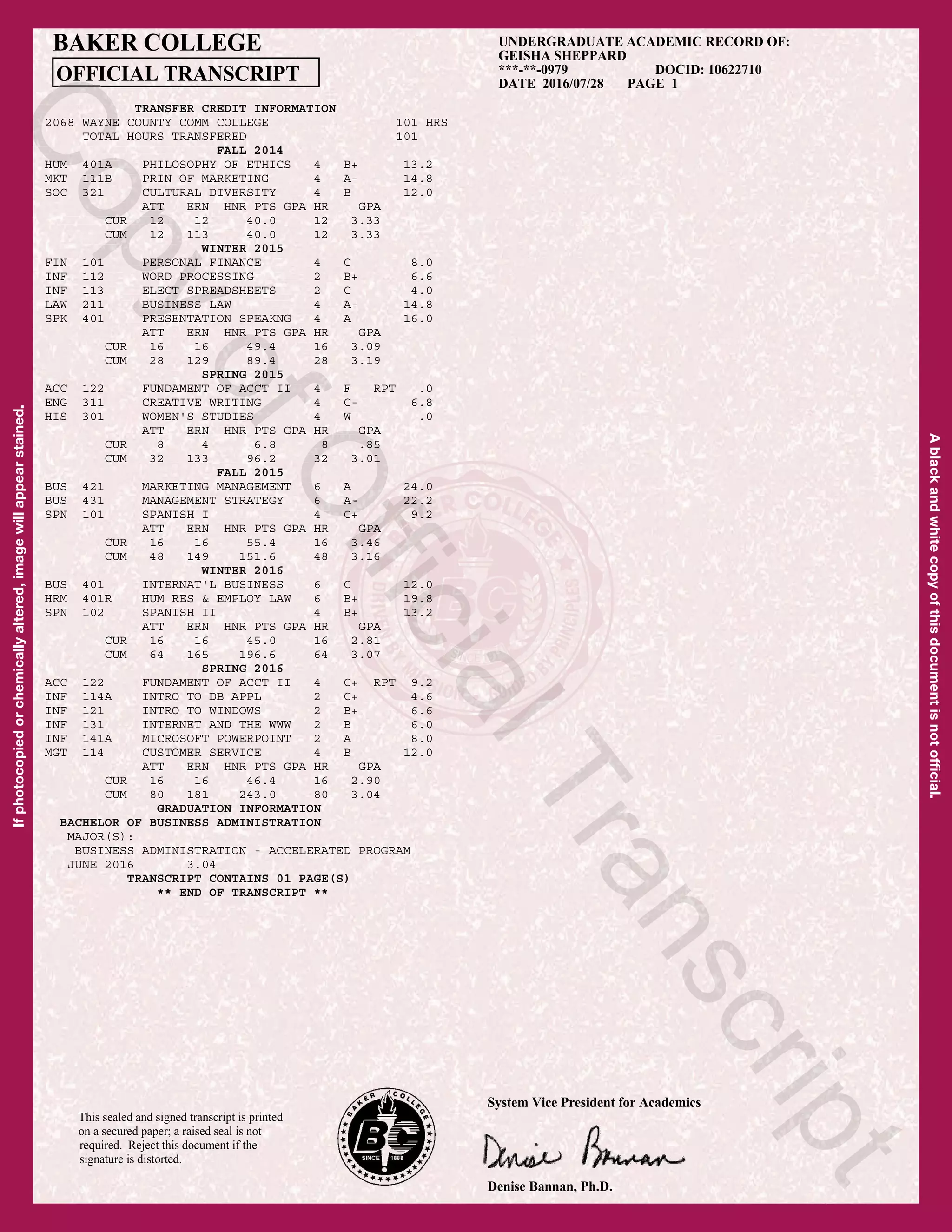 Baker College Transcript | PDF