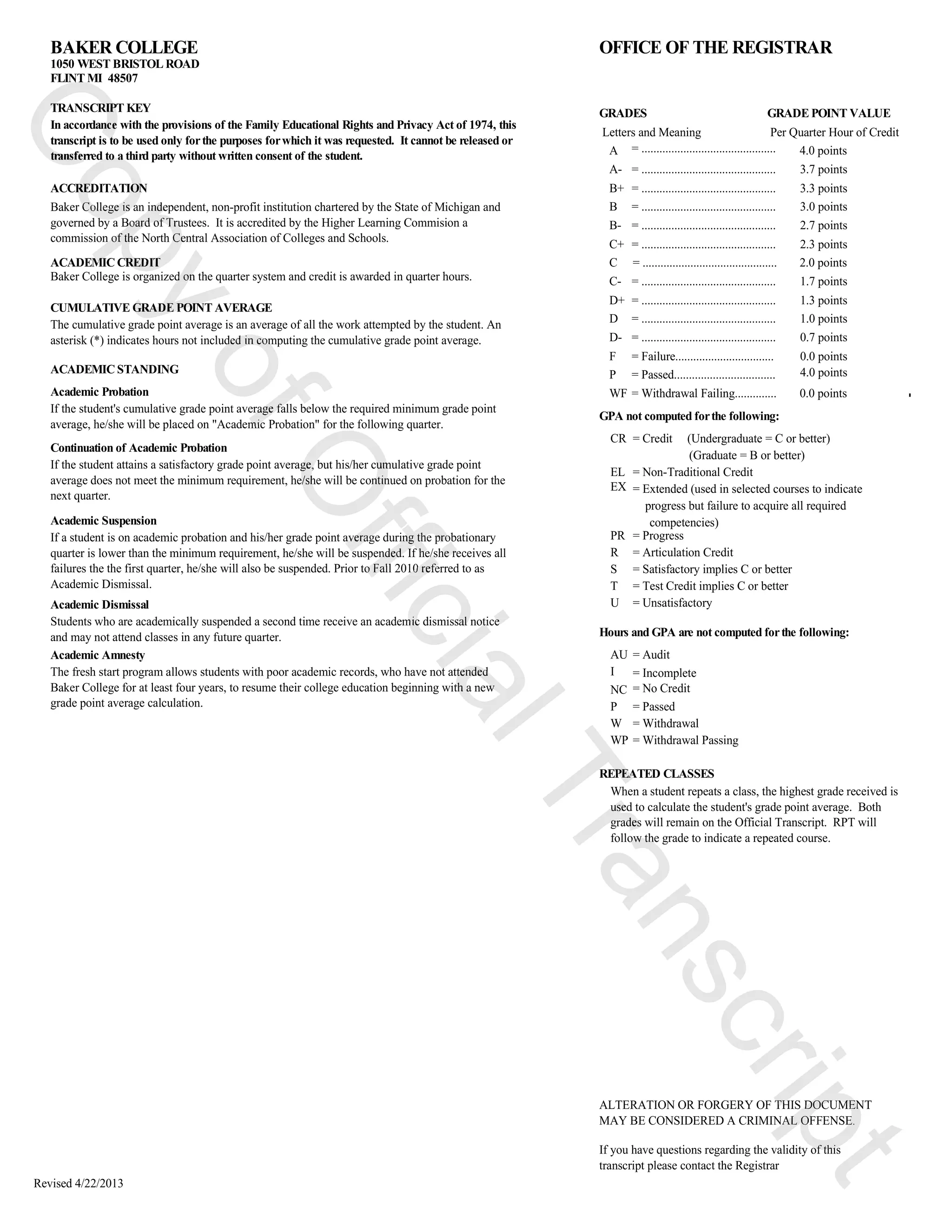 Baker College Transcript | PDF