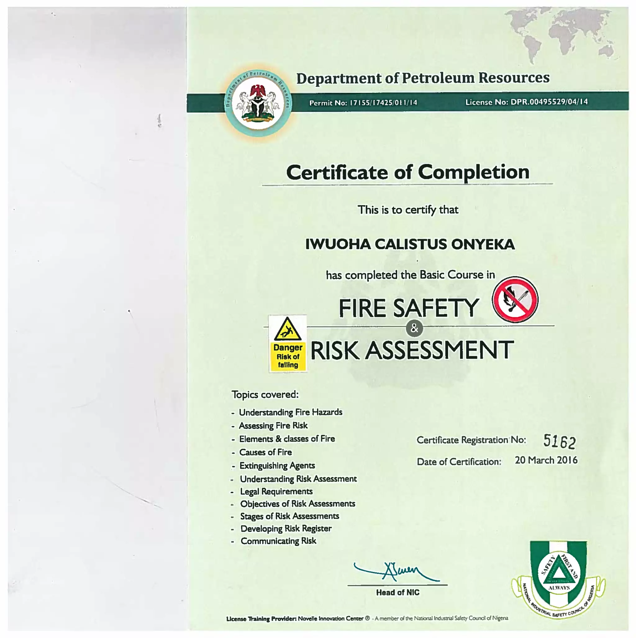 Iwuoha Calistus Onyeka.FIRE SAFETY AND RISK ASSESSMENT CERTIFICATE | PDF