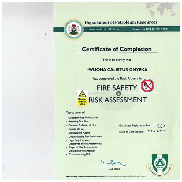 Iwuoha Calistus Onyeka.FIRE SAFETY AND RISK ASSESSMENT CERTIFICATE | PDF