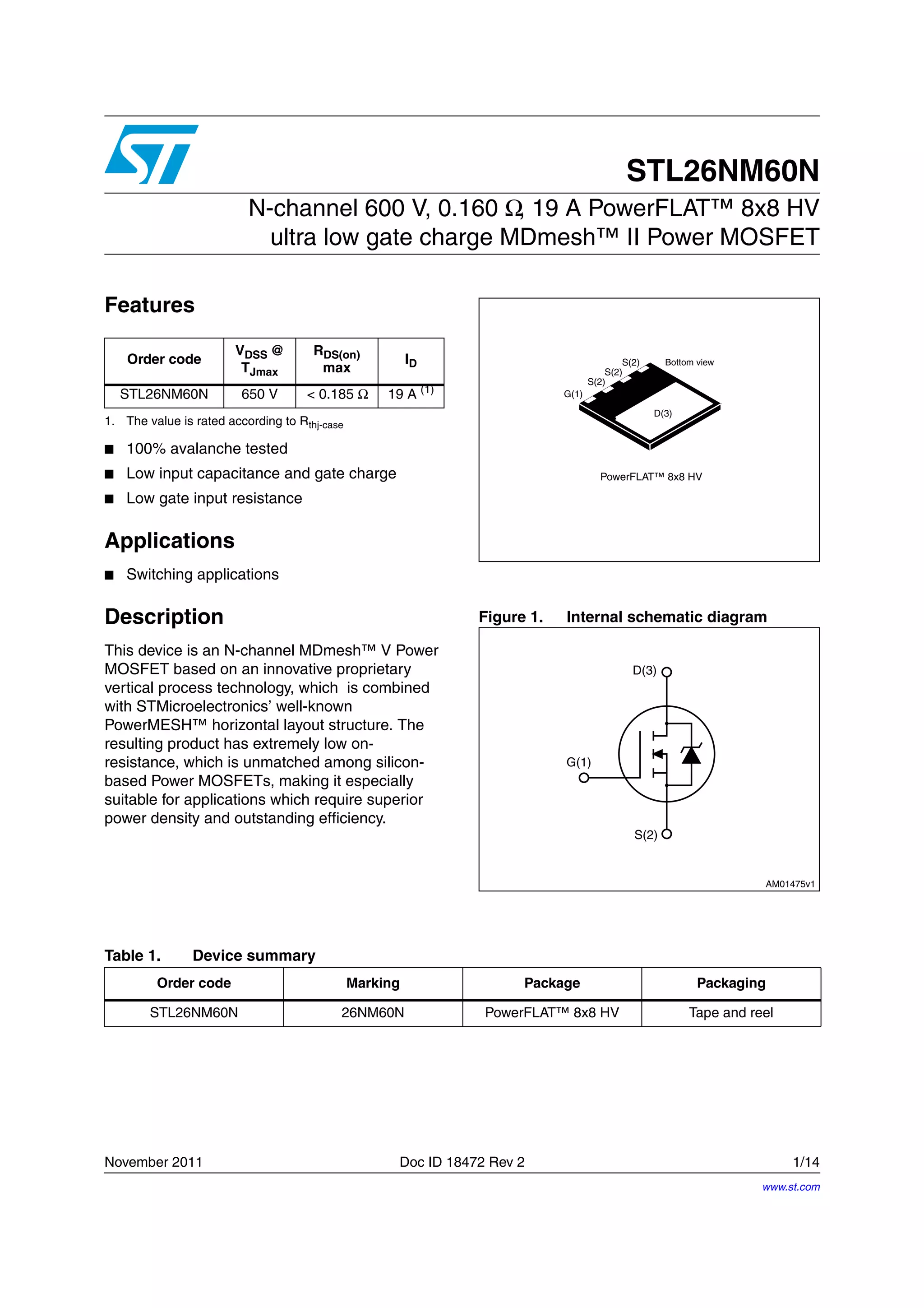 Original N-channel 600 V 0.160 Ω 19 A PowerFLAT™ 8x8 HV ultra low gate charge MDmesh™ II Power ...