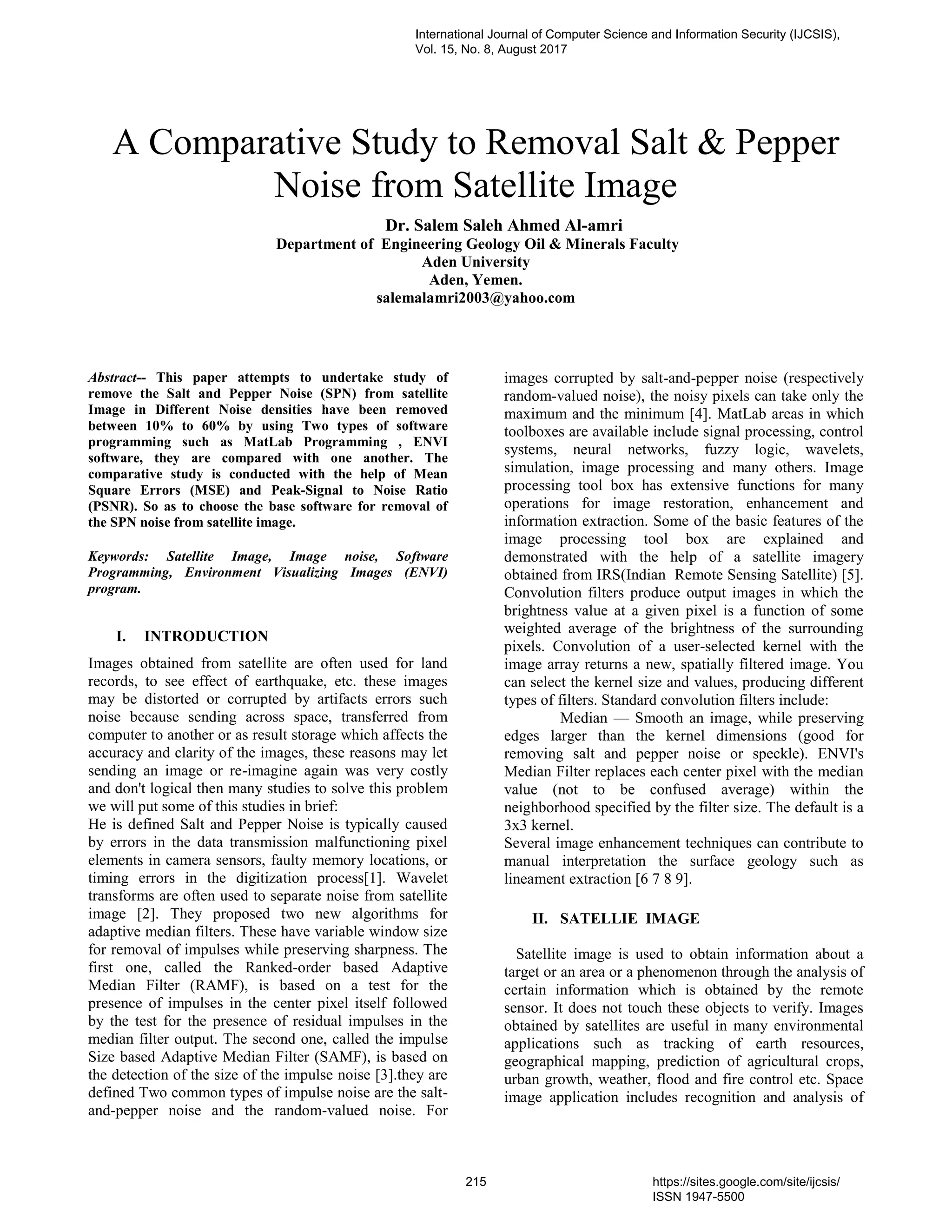 A Comparative Study to Removal Salt & Pepper Noise from Satellite Image ...