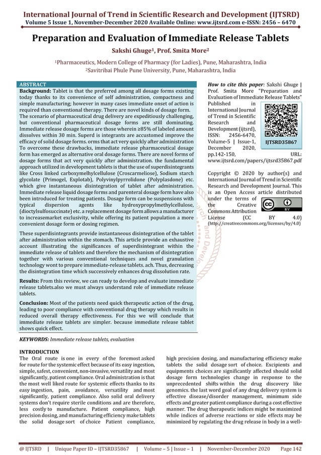 Preparation and Evaluation of Immediate Release Tablets | PDF