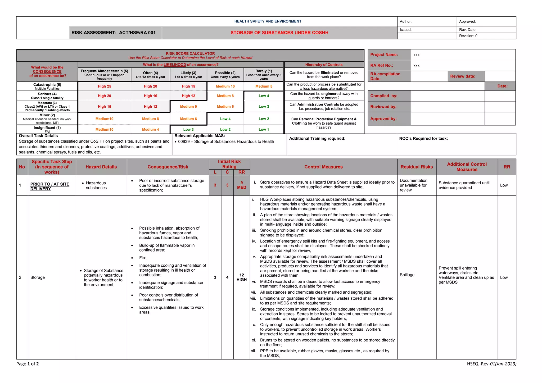 26 Storage of Substances under CoSHH Risk Assessment Templates.docx