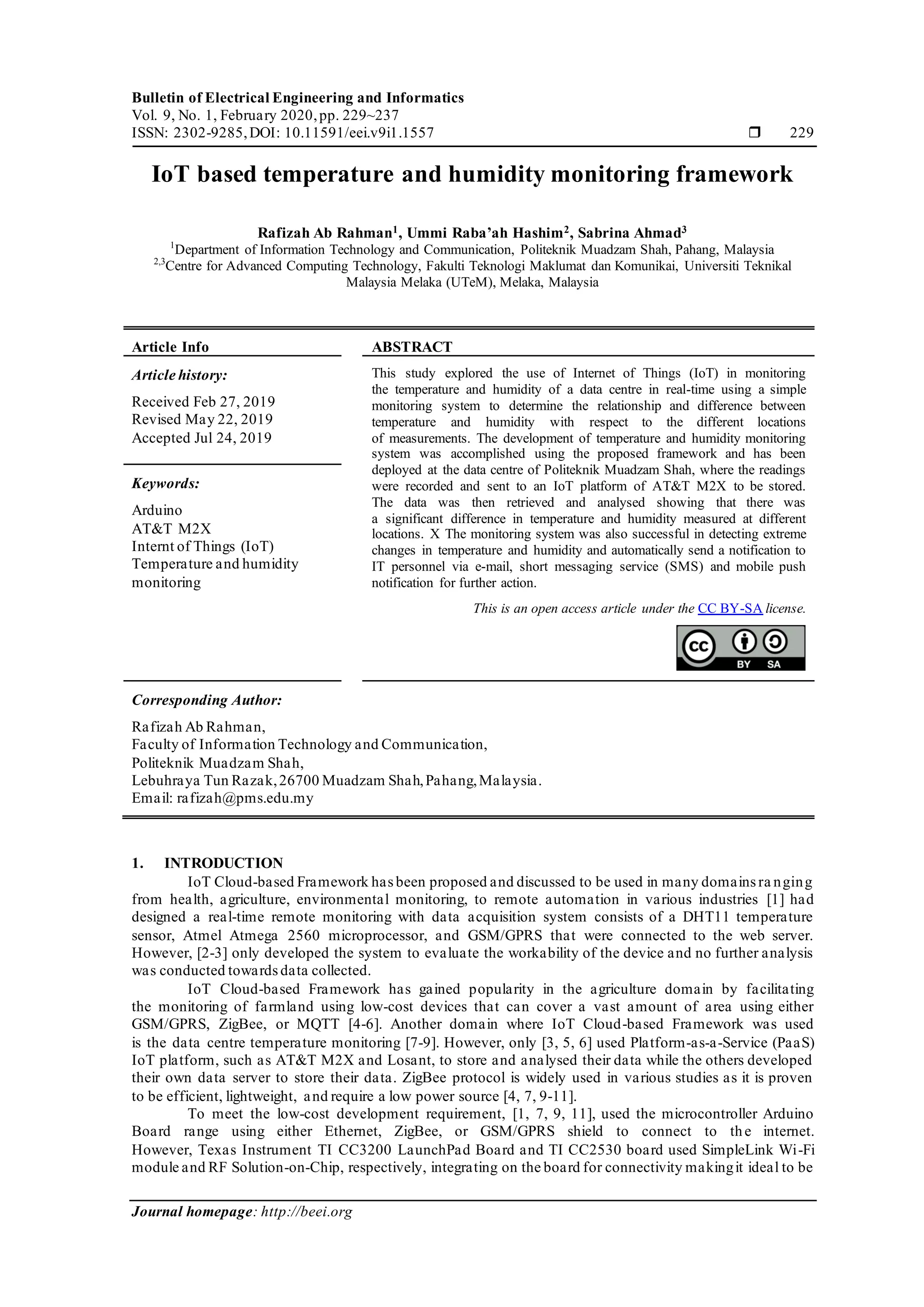 IoT based temperature and humidity monitoring framework | PDF