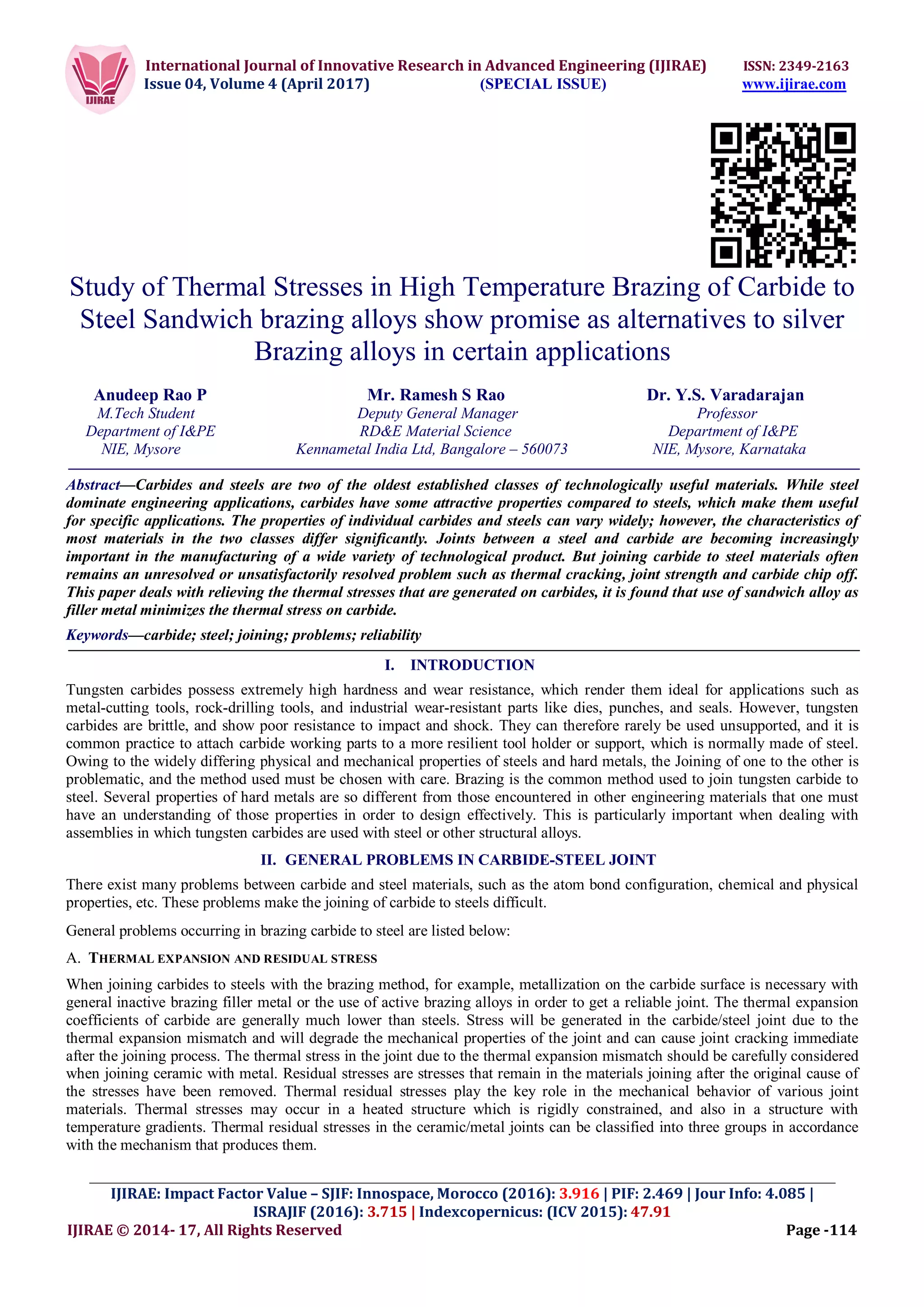 Study of Thermal Stresses in High Temperature Brazing of Carbide to Steel Sandwich brazing ...
