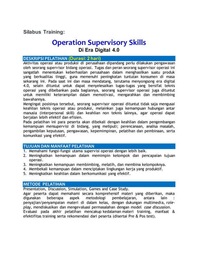 Silabus Training "Operation Supervisory Skills di Era Digital 4.0" | DOCX