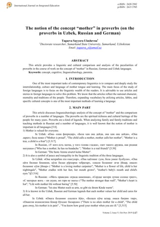 The notion of the concept “mother” in proverbs (on the proverbs in Uz…