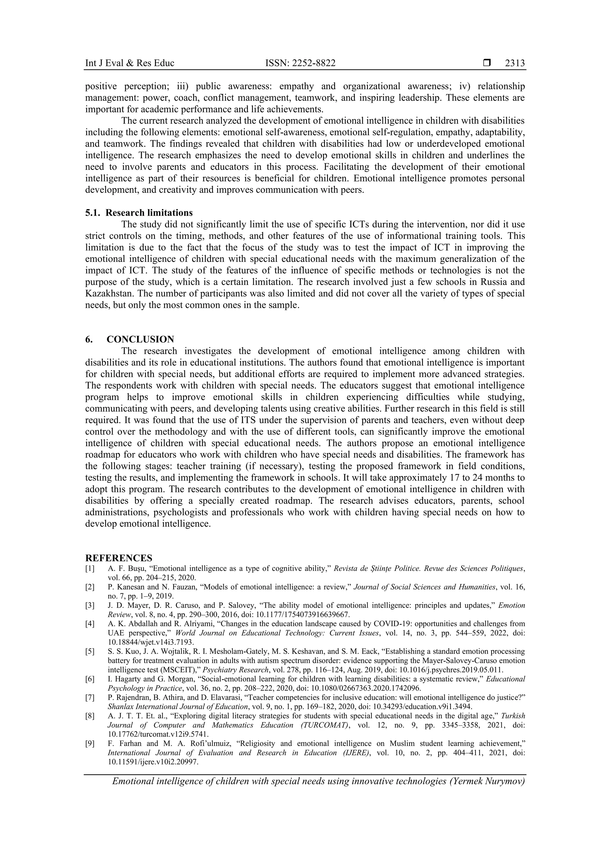 Emotional intelligence of children with special needs using innovative ...