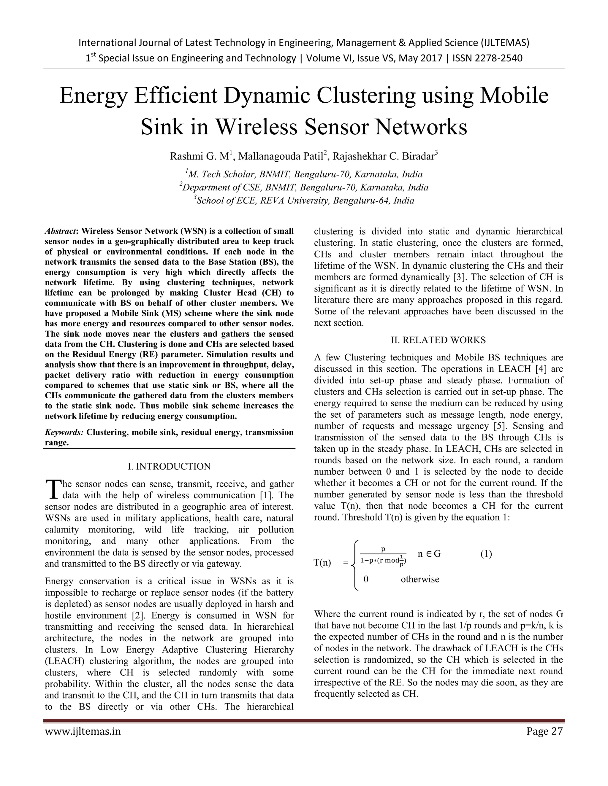 Energy Efficient Dynamic Clustering using Mobile Sink in Wireless Sensor Networks | PDF