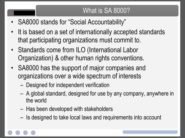 Corporate Social Accountability Management - SA 8000 | PPT | Business | Business and Finance