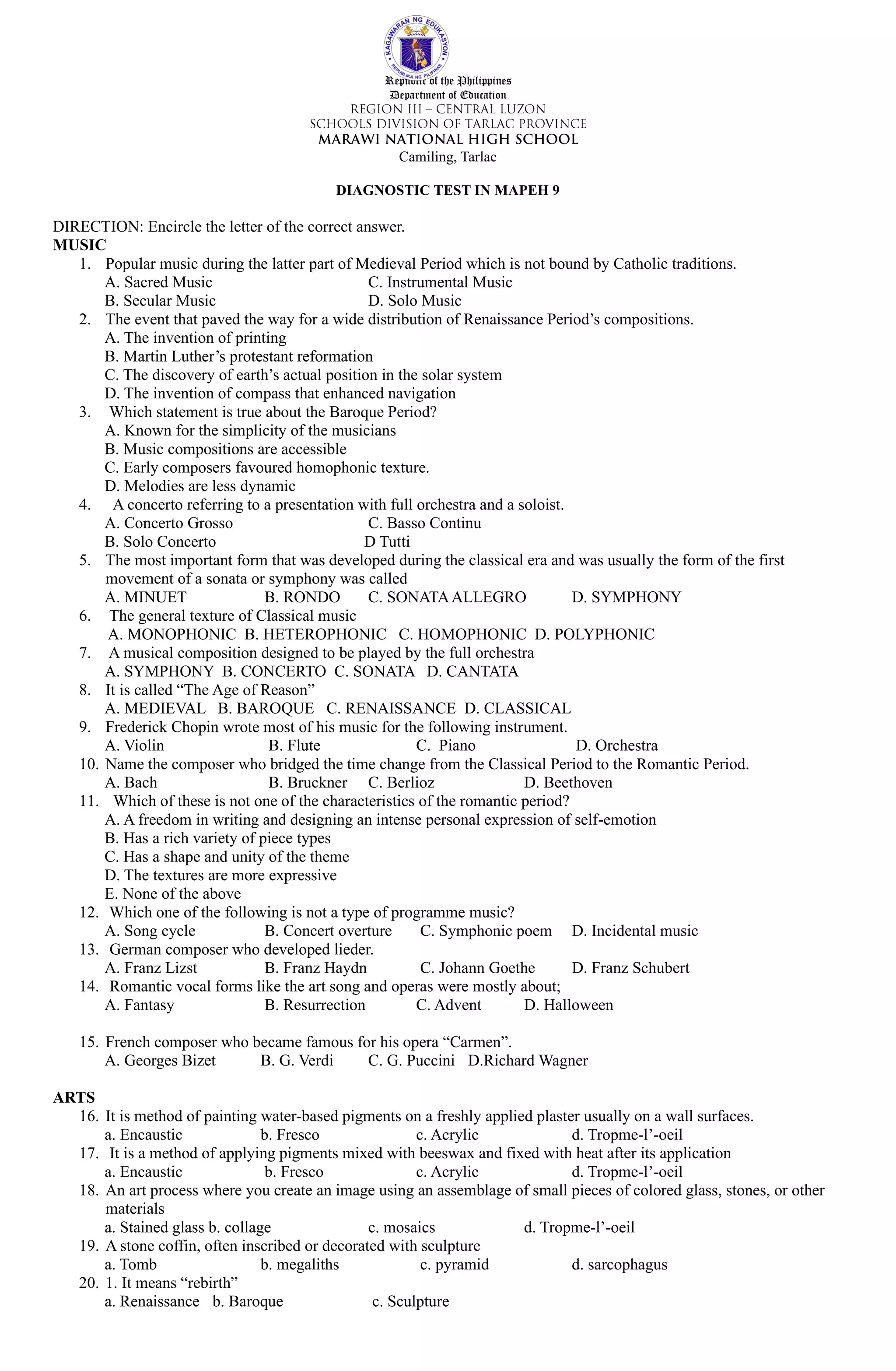 Diagnostic Test for MAPEH 9 | PDF