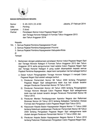 2701 surat kepala bkn nomor k.26 30 v.23-4 99 - penetapan nip dari tenaga honorer k-ii formasi ...