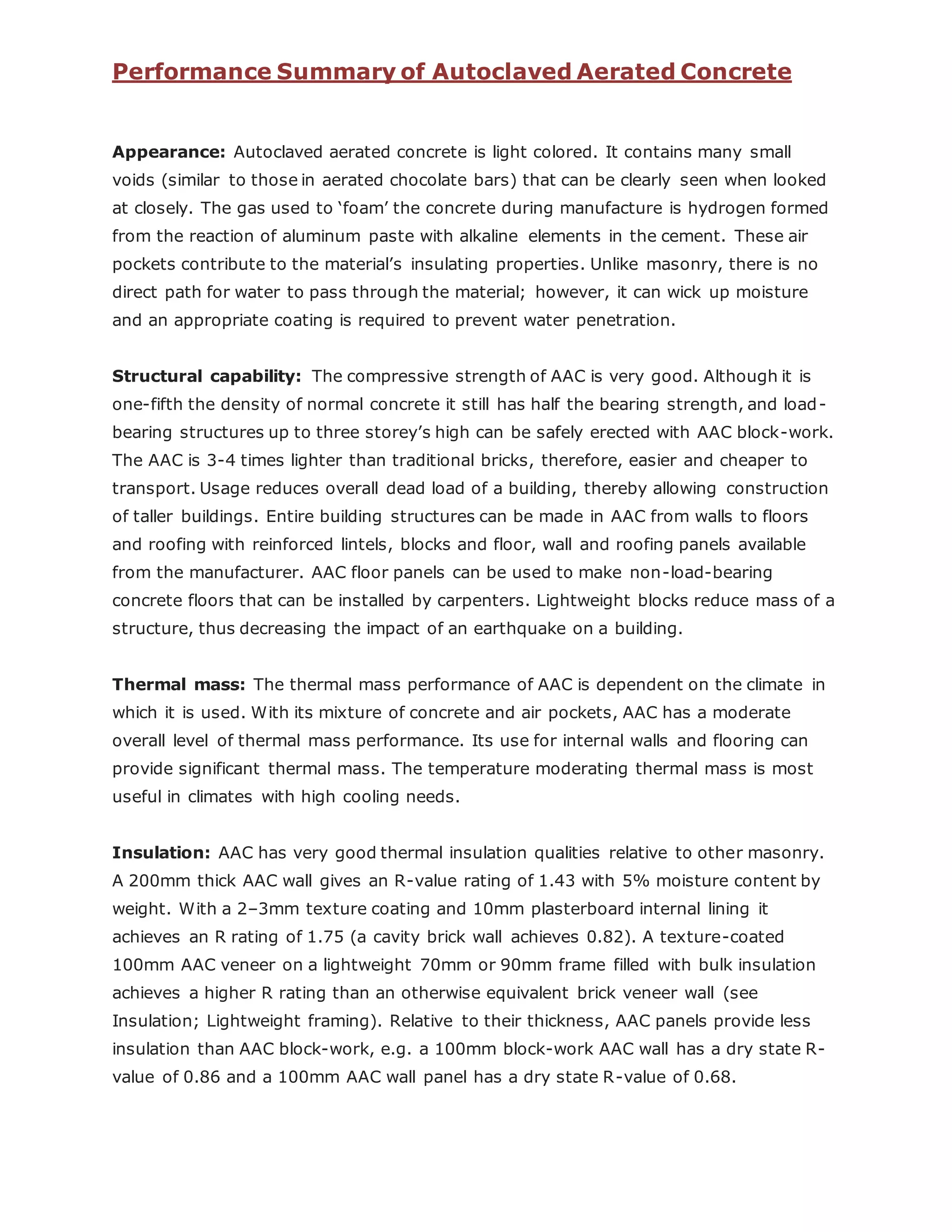 Performance Summary of Autoclaved Aerated Concrete | DOCX
