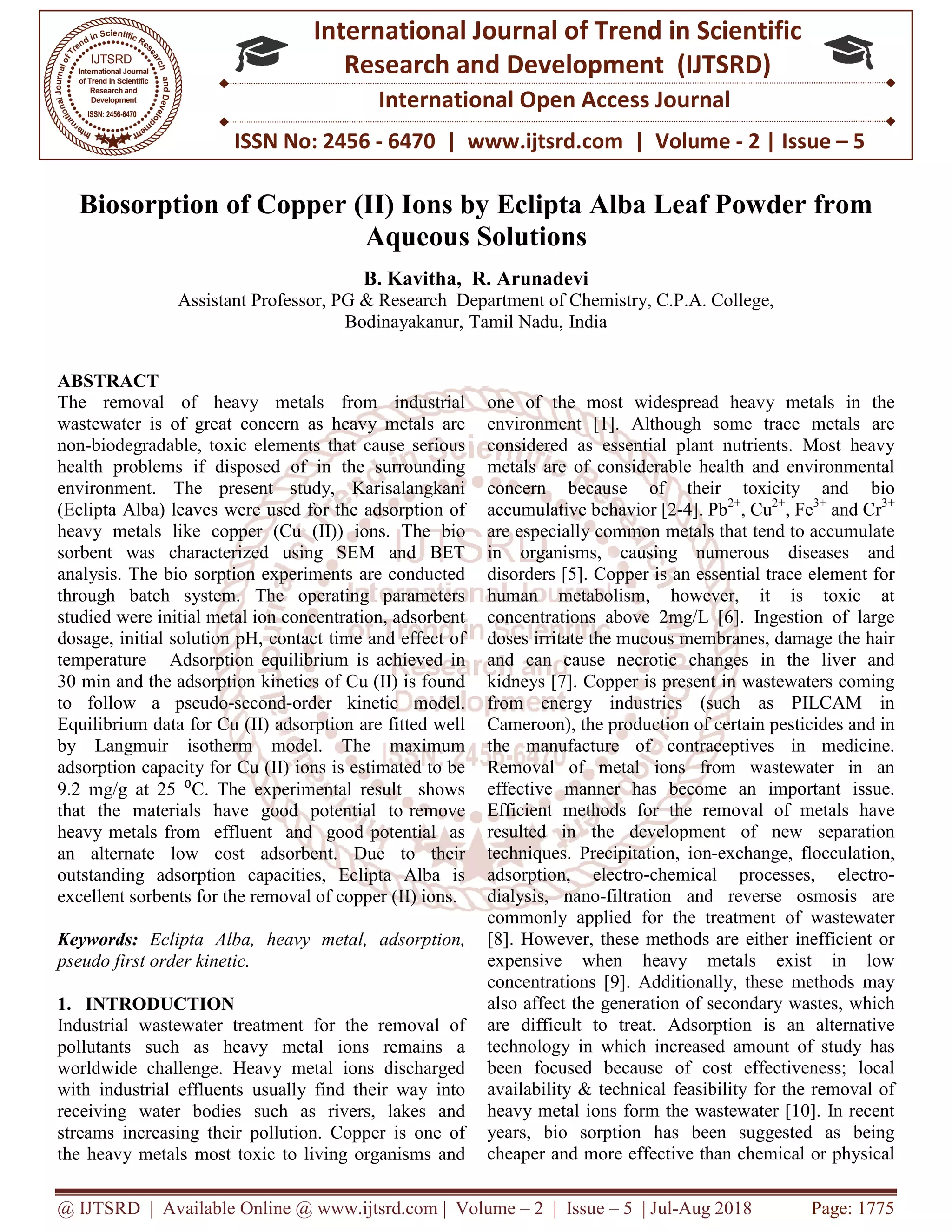 Biosorption of Copper (II) Ions by Eclipta Alba Leaf Powder from Aqueous Solutions | PDF