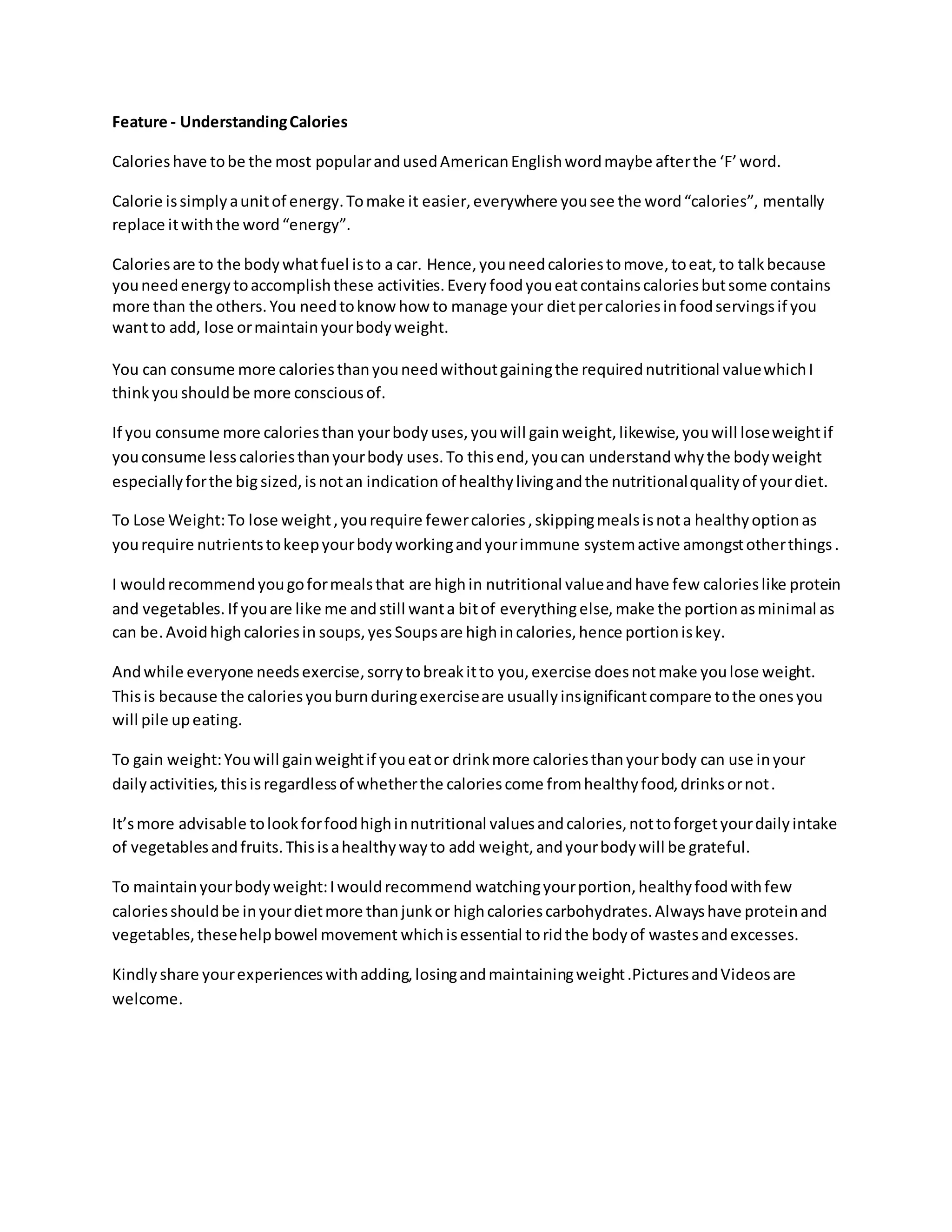 Understanding Calories | DOCX