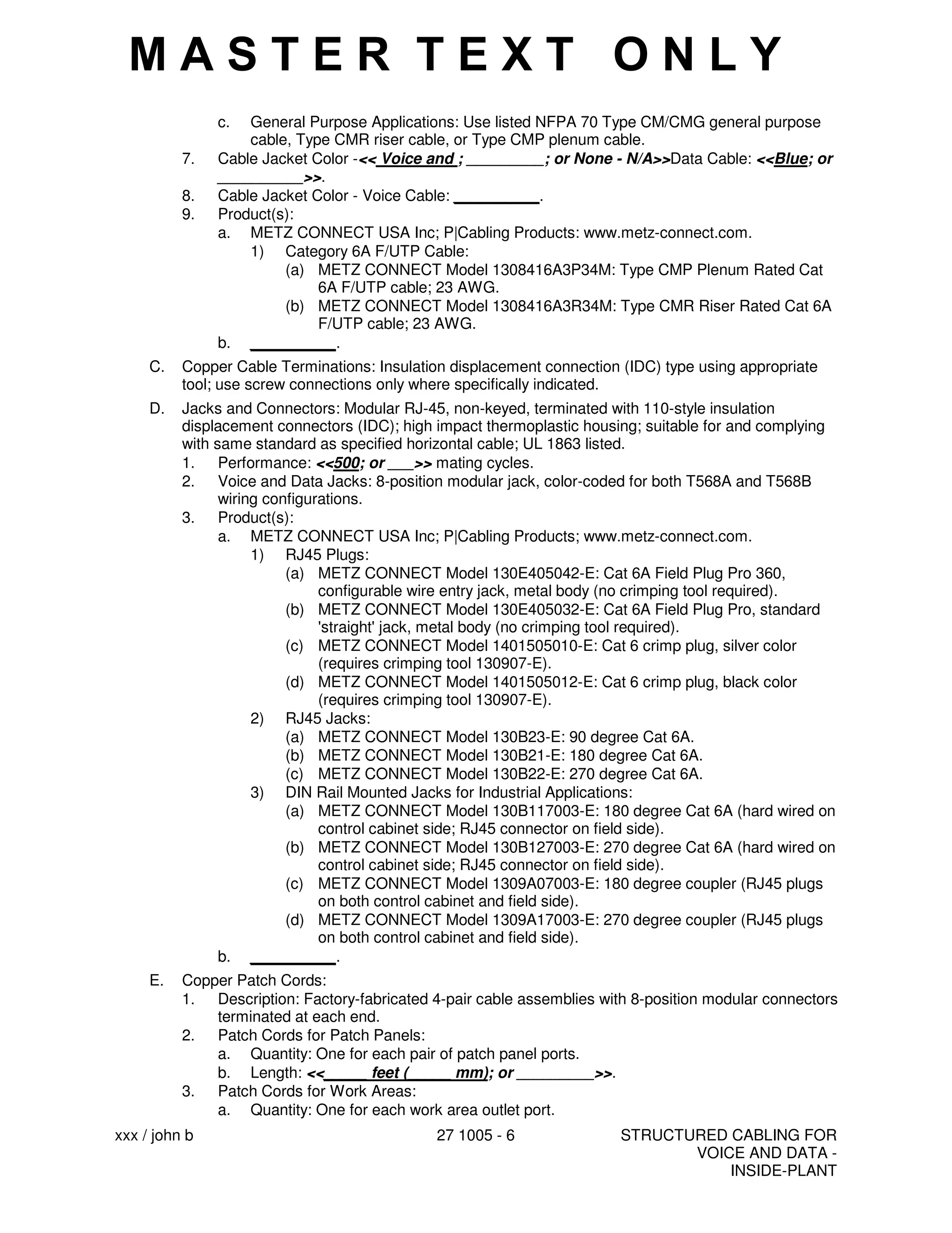 CSI Master Format Specification 271005 Structured Cabling for Voice and ...