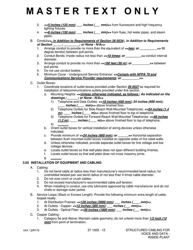 Csi Master Format Specification 271005 Structured Cabling For Voice And Data Pdf Technology