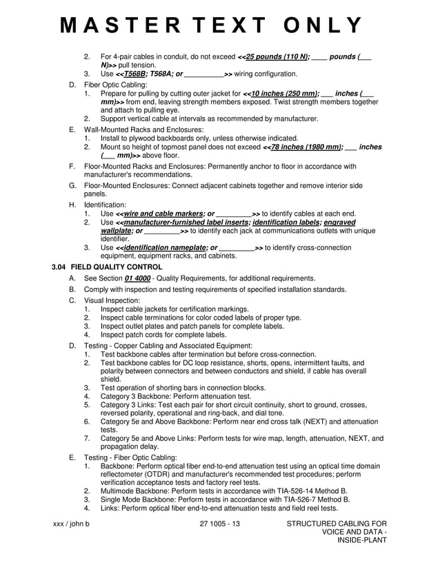 CSI Master Format Specification 271005 Structured Cabling for Voice and ...