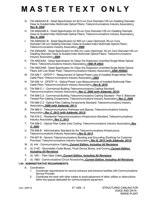 CSI Master Format Specification 271005 Structured Cabling for Voice and ...