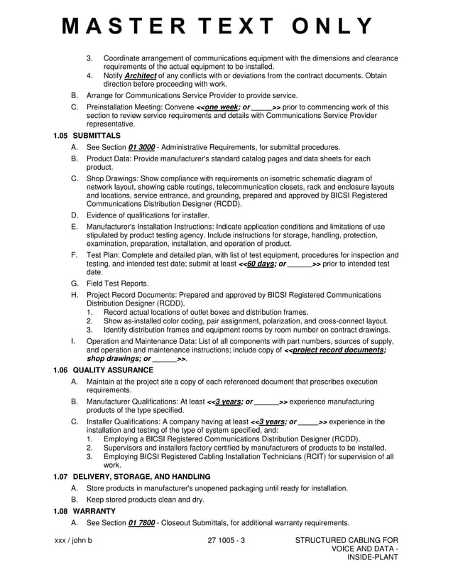 CSI Master Format Specification 271005 Structured Cabling for Voice and ...