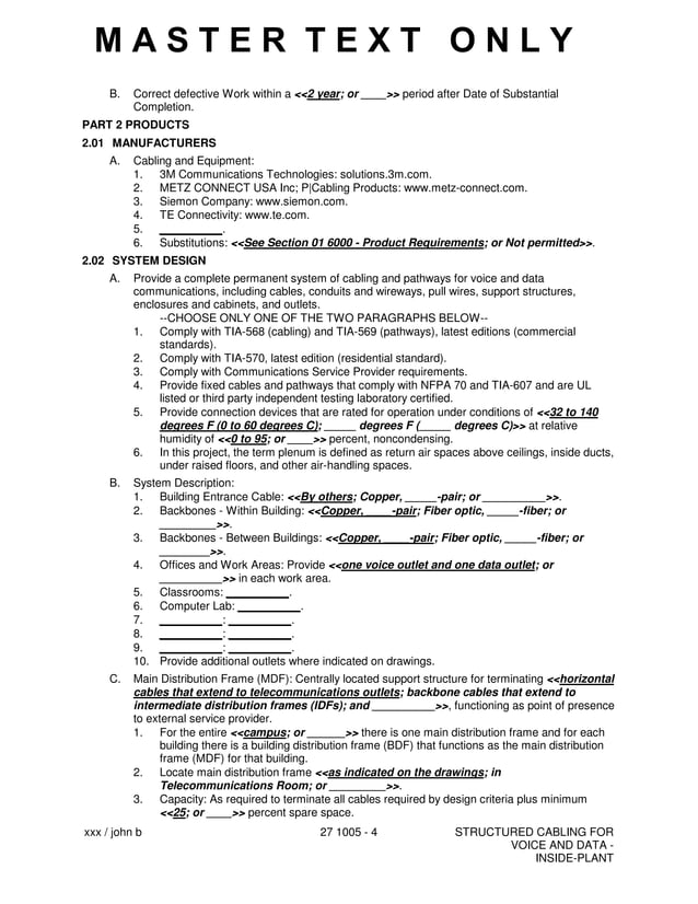 CSI Master Format Specification 271005 Structured Cabling for Voice and ...
