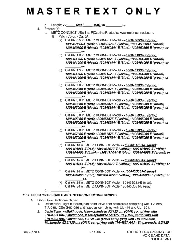 CSI Master Format Specification 271005 Structured Cabling for Voice and ...