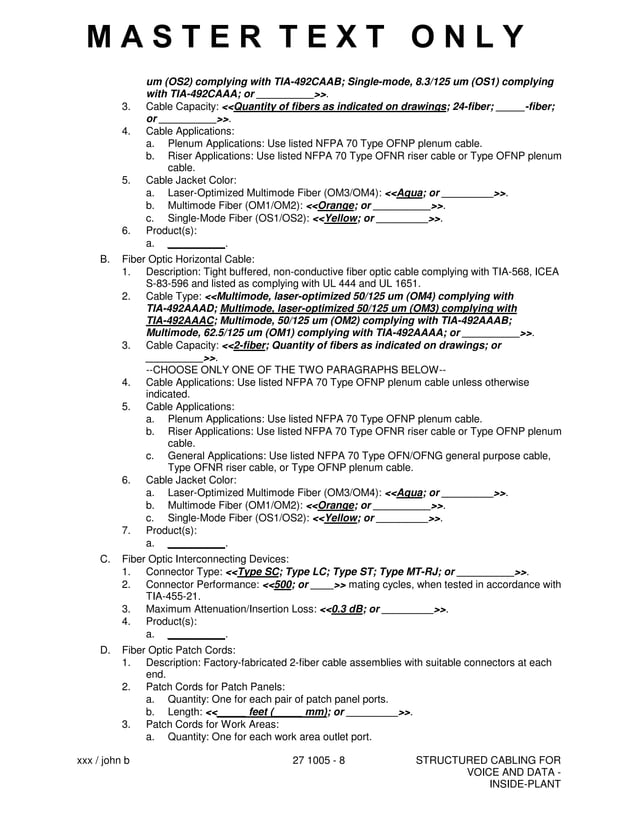 Csi Master Format Specification 271005 Structured Cabling For Voice And Data Pdf Technology